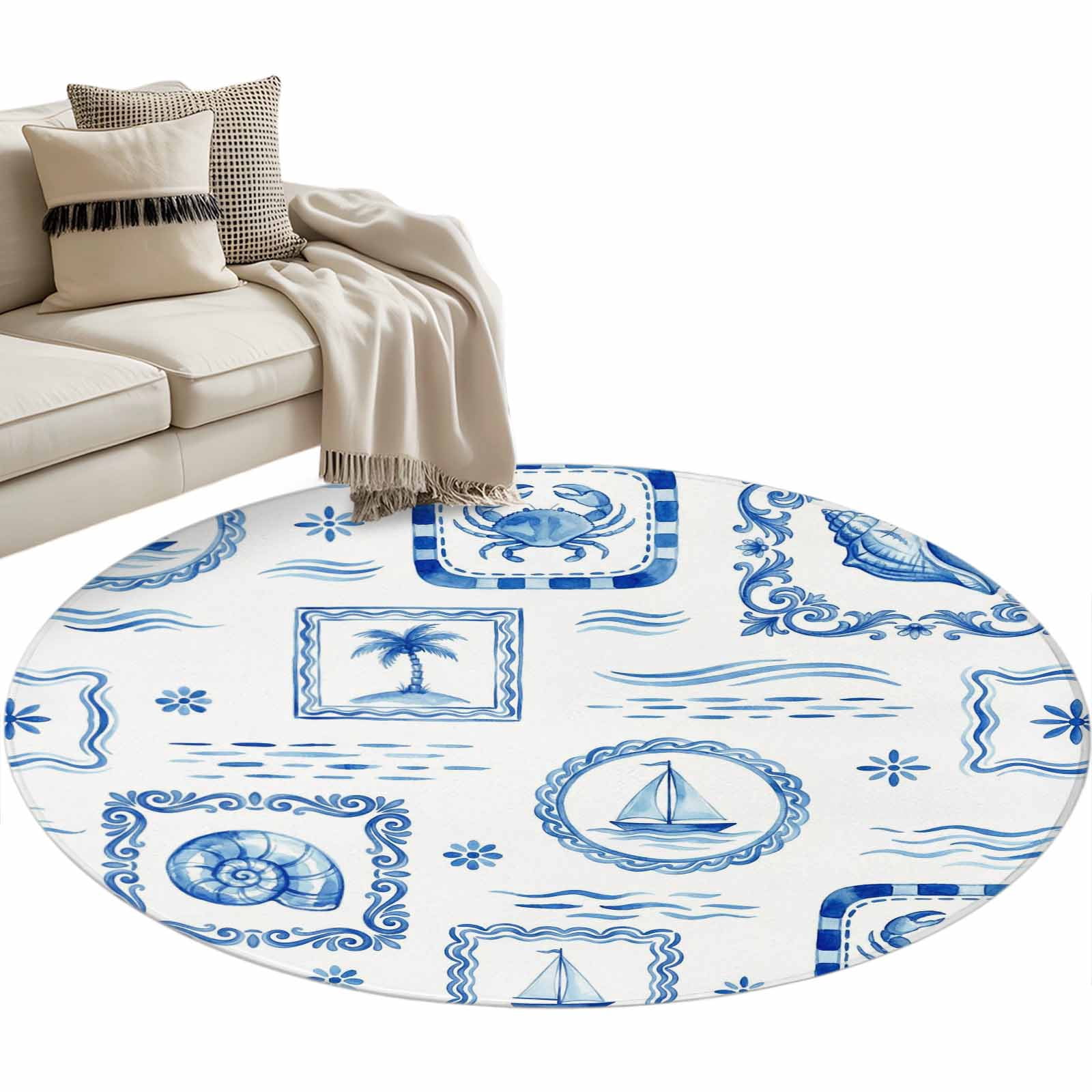 Blue Nautical Ship Round Rug 3ft Washable Circle Entryway Rugs Non Slip ...