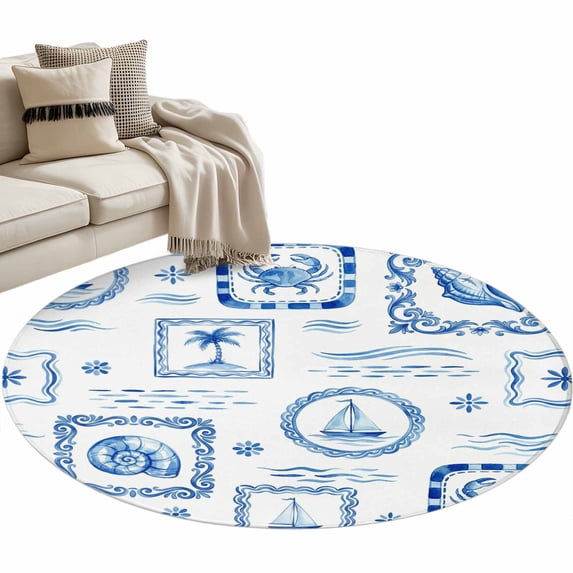 Blue Nautical Ship Round Rug 3ft Washable Circle Entryway Rugs Non Slip ...