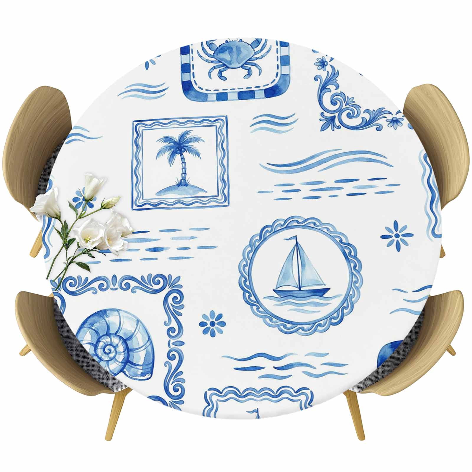 Blue Nautical Ship Round Tablecloth 45-54 Inch Round Fitted Table Cloth ...