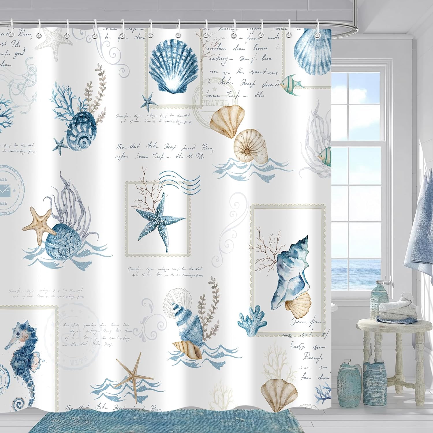 Blue Nautical Shower Curtain, Beach Coastal Theme Starfish Seashell ...
