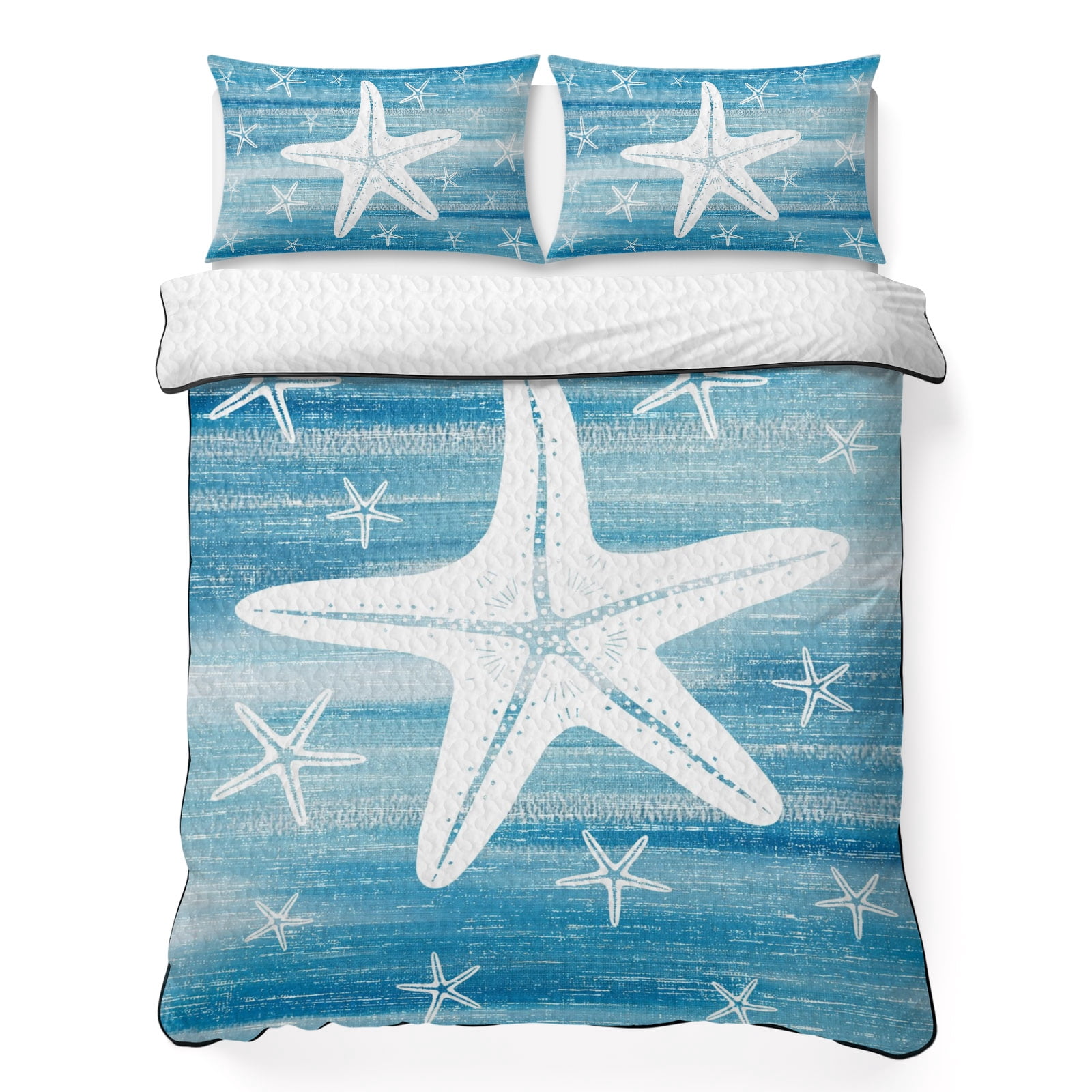 Blue Nautical Starfish 3 Piece Quilt Bedding Set with 2 Pillow Shams ...