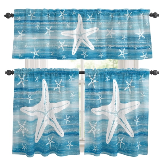 Blue Nautical Starfish Kitchen Curtains Set for Windows, Coastal Modern ...