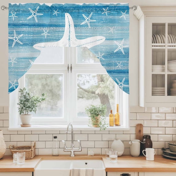 Blue Nautical Starfish Swag Curtain Valance for Windows, Coastal Modern ...