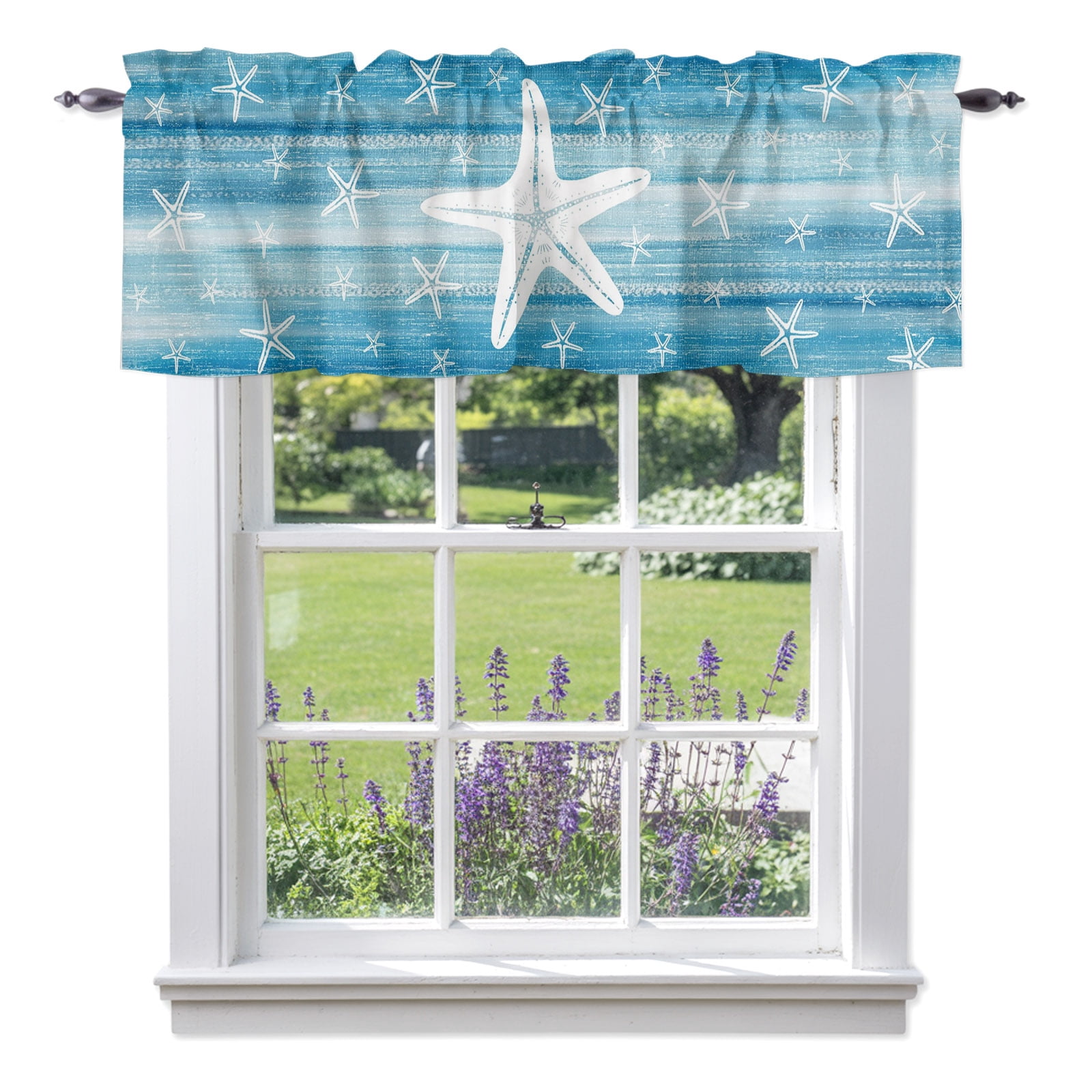 Blue Nautical Starfish Valance Curtain 1 Panel, Coastal Modern Summer ...