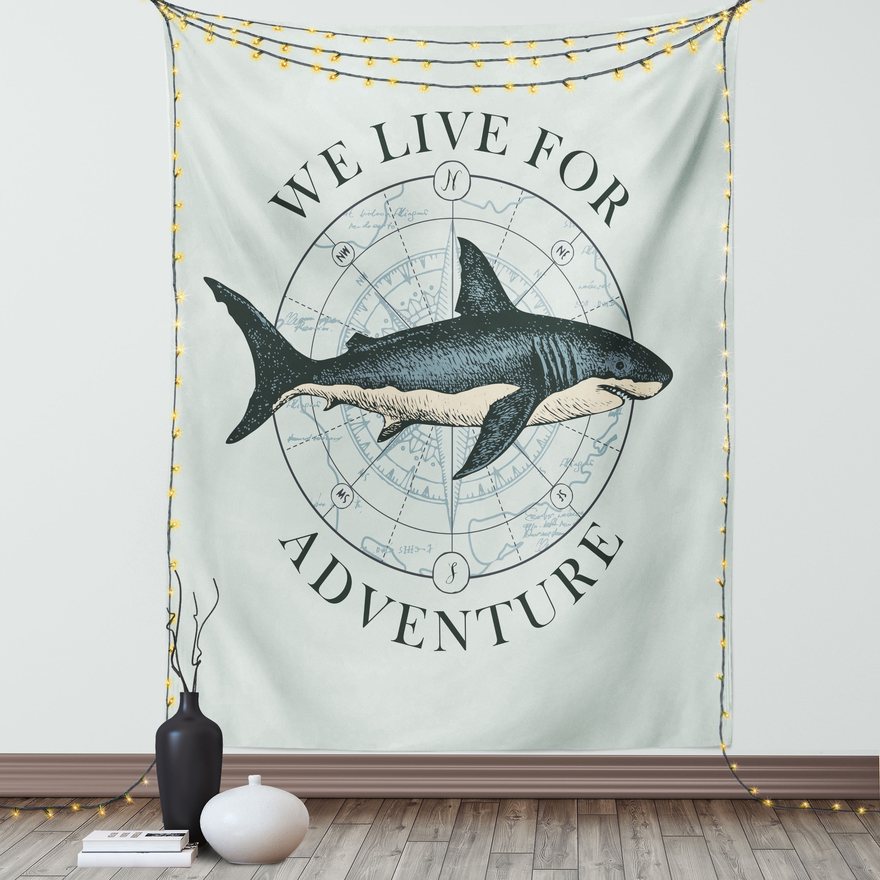 Blue Nautical Tapestry, We Live for Adventure Marine Calligraphy with a ...