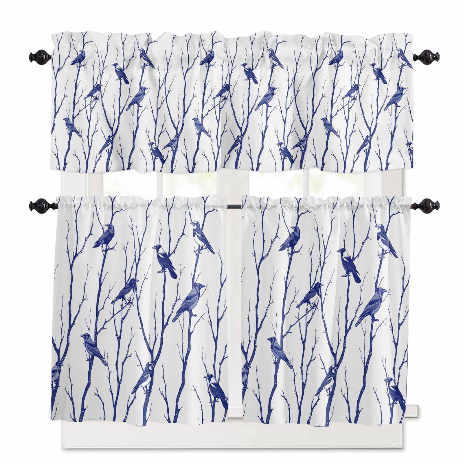 Blue Navy Branches Window Curtains Valance Set of 3 Birds Abstracts ...