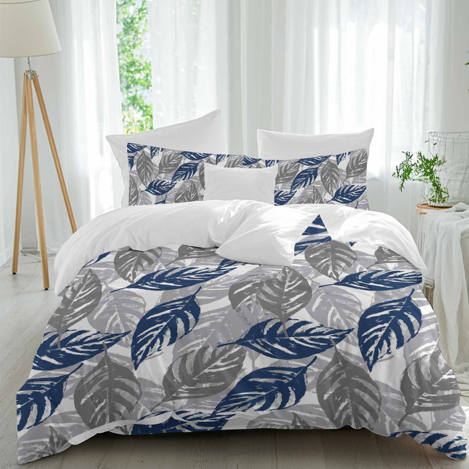 Blue Navy Gray Leaves Duvet Cover Set Queen Size, Abstract Art Retro ...