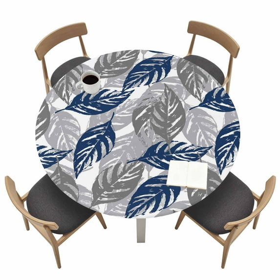 Blue Navy Gray Leaves Round Fitted Tablecloth with Elastic Edge ...