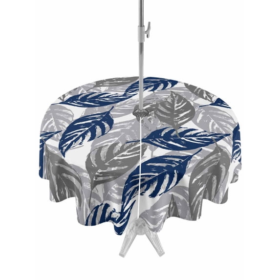 Blue Navy Gray Leaves Round Outdoor Tablecloth with Umbrella Hole ...