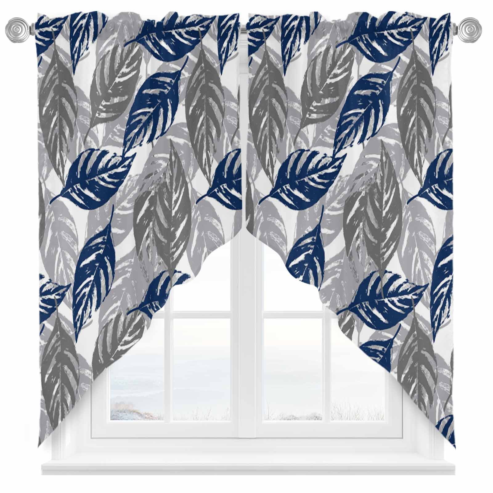 Blue Navy Gray Leaves Swag Kitchen Curtain Valances, Abstract Art Retro ...