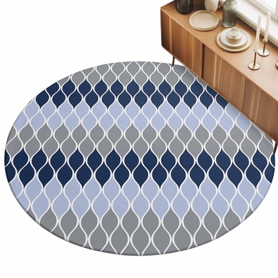 Blue Navy Grey Area Rugs 5' (Round) Geometric Floor Rug Non Slip Low ...