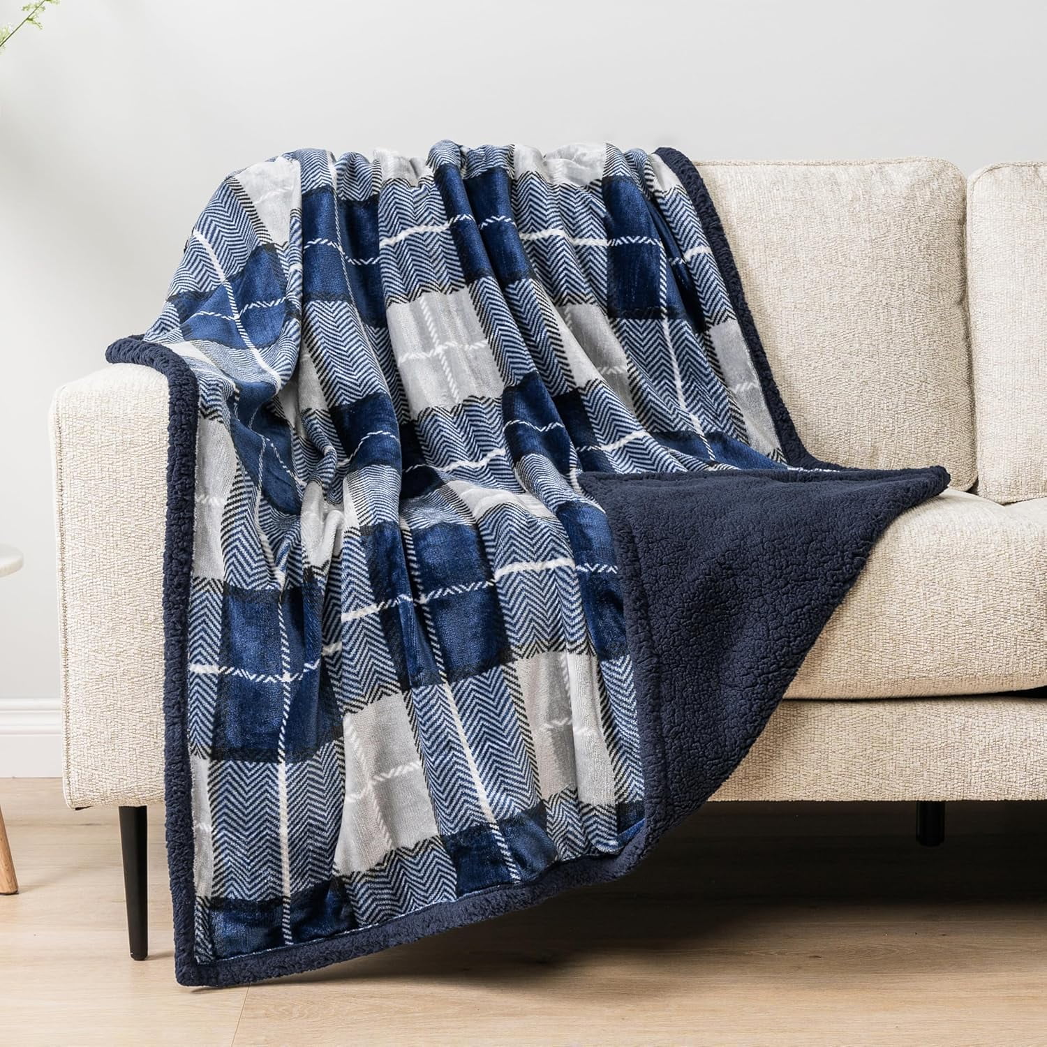 Blue Navy Plaid Sherpa Throw Blanket for Couch, Plush Flannel Blanket ...