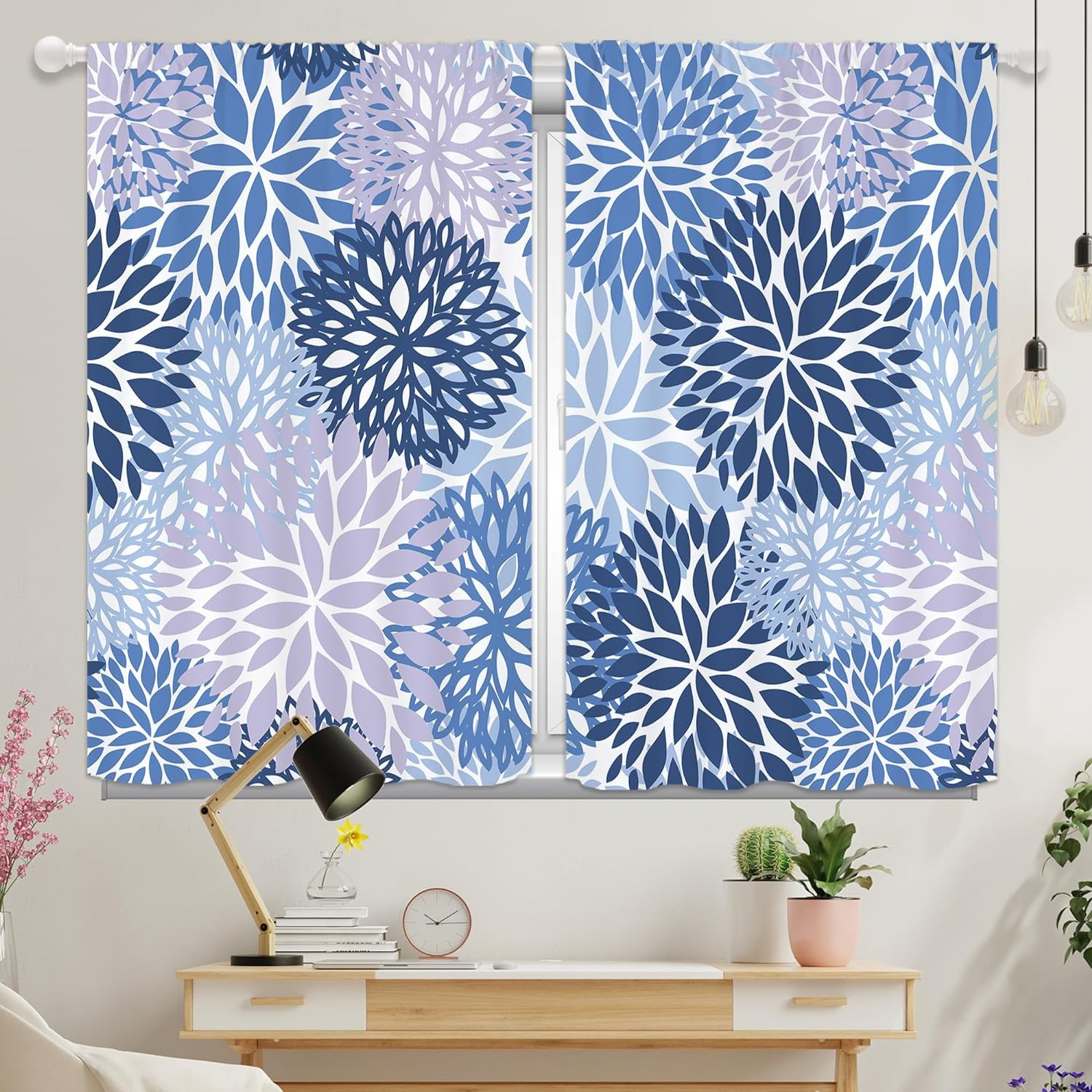 Blue Navy Purple Kitchen Curtains, Lilac Daisy Dahlia Mandala Boho ...