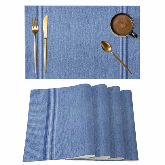 Blue Navy Striped Cotton Linen Placemats Set of 6, Fabric Texture Ocean ...