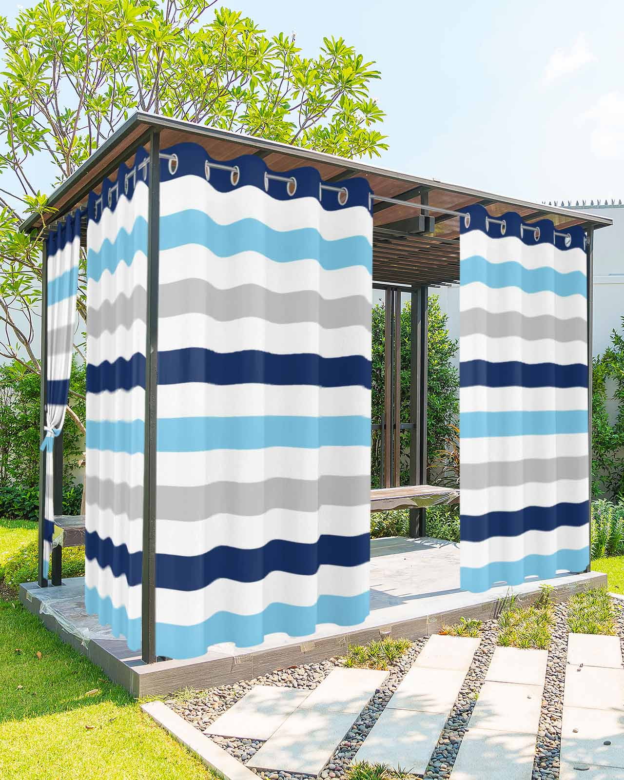 Blue Navy Striped Outdoor Curtains for Patio, Simple Abstract Greyish ...