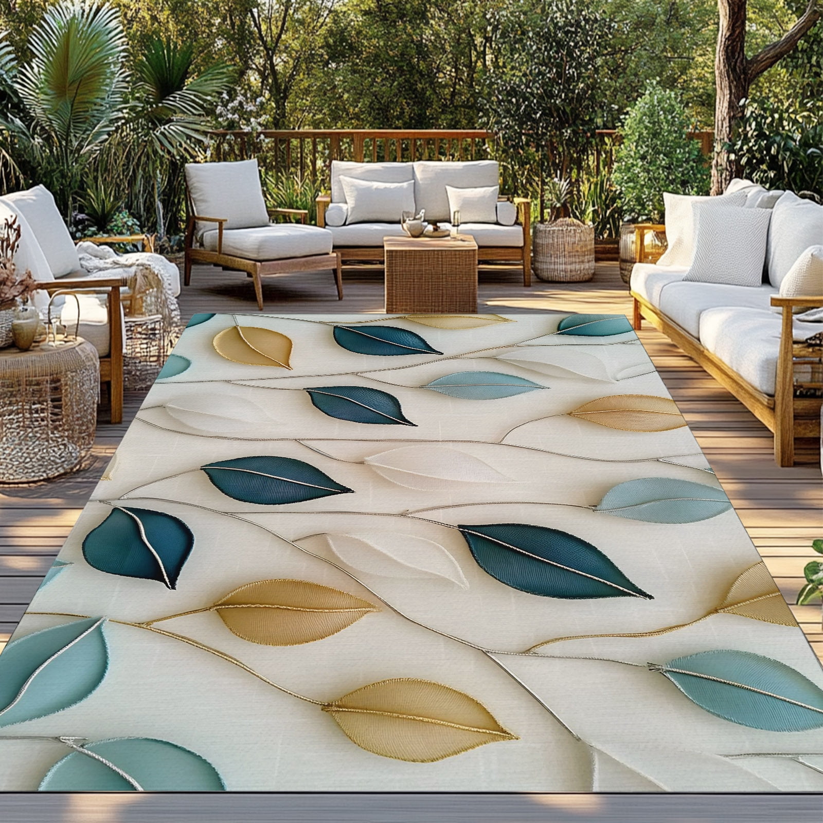 Blue Navy White Leaves Indoor Outdoor Rugs 6x9 Ft, Branch Leaf Plant ...
