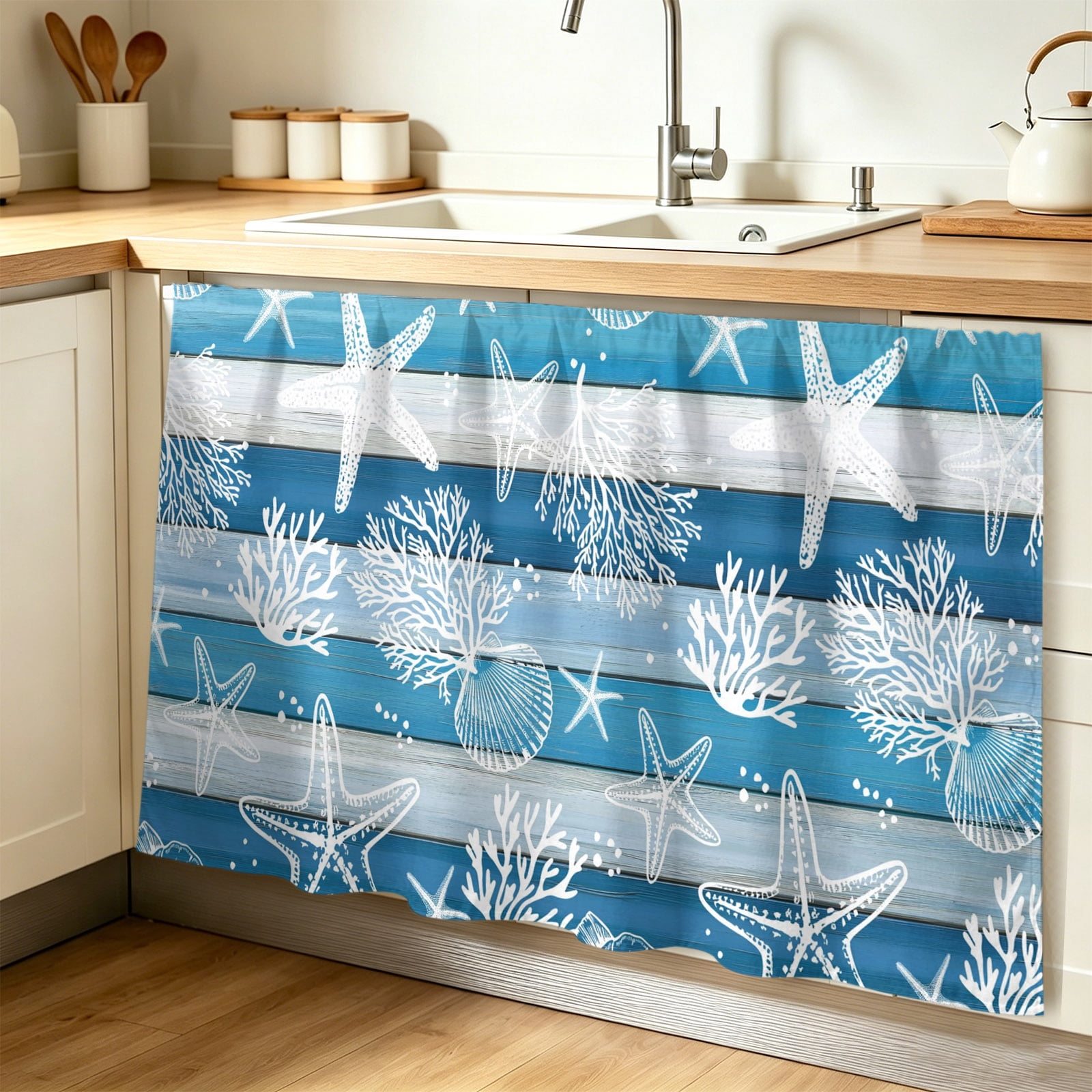 Blue Navy Wood Striped Cabinet Curtain, Nautical Starfish Coral Shell ...