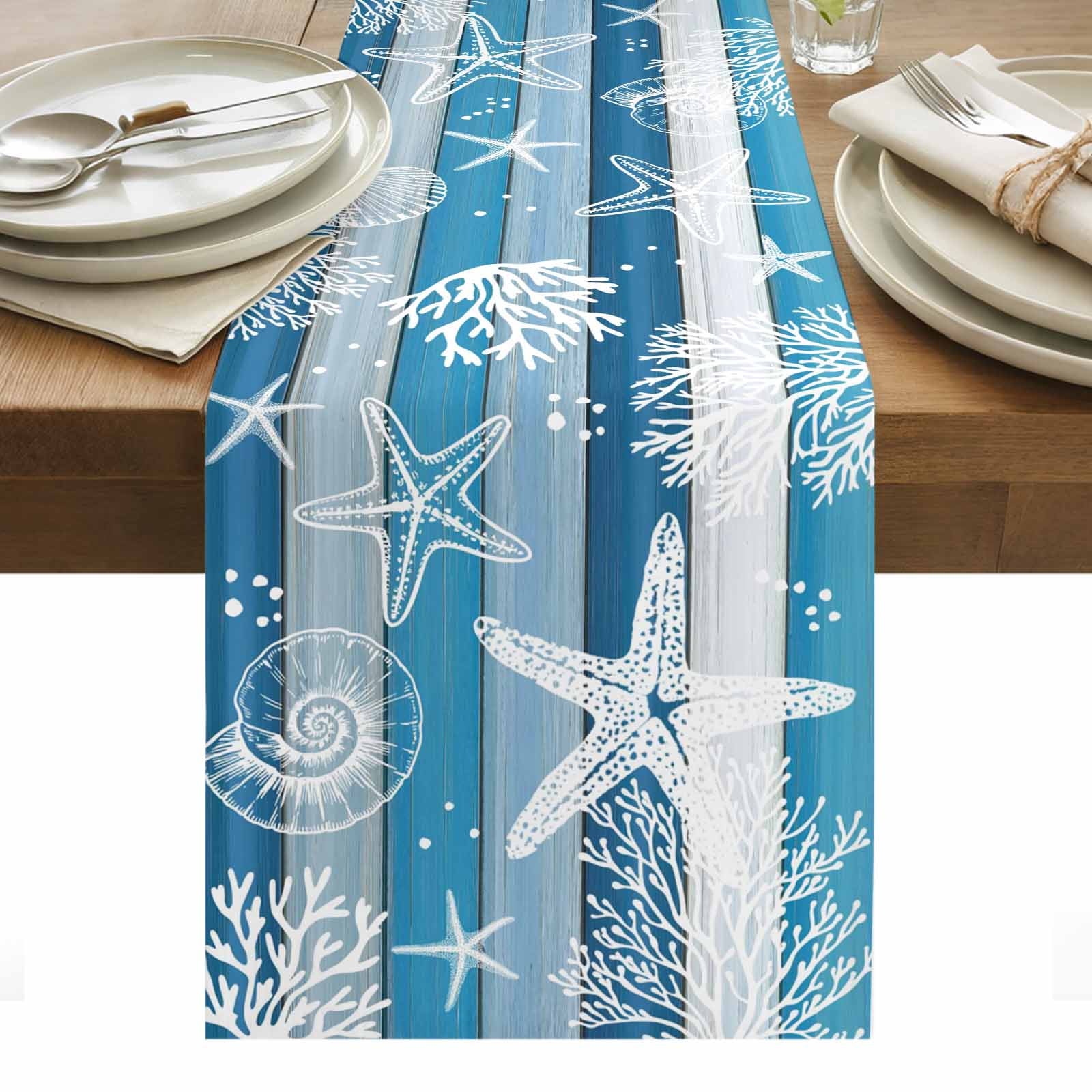Blue Navy Wood Striped Cotton Linen Table Runner Nautical Starfish ...