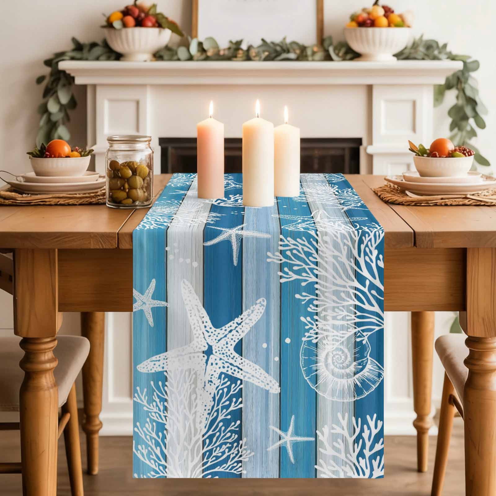 Blue Navy Wood Striped Table Runner, Nautical Starfish Coral Shell ...