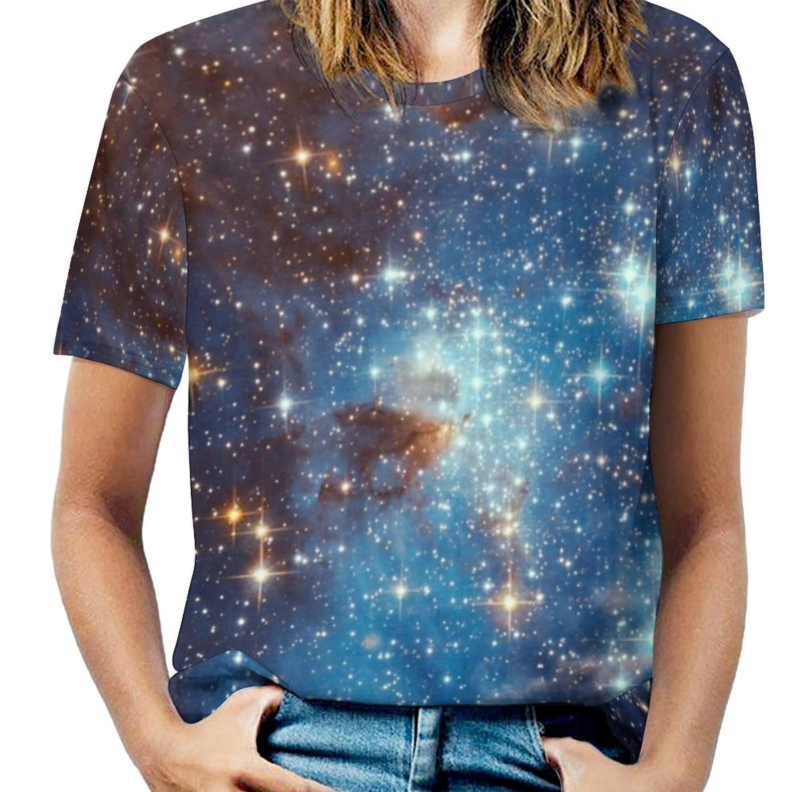 Blue Nebula Stars Space 2442 Women Print T Shirt Casual Off Shoulder ...