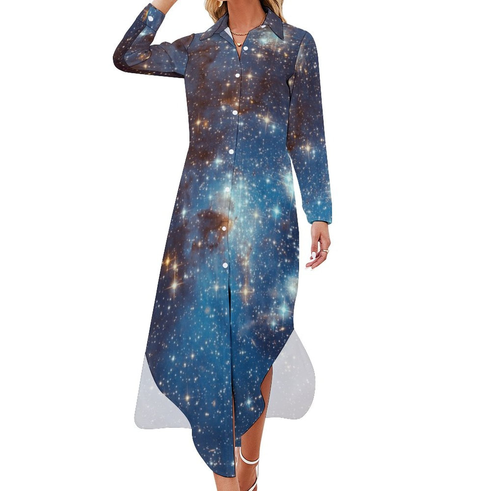 Blue Nebula Stars Space Long Sleeved Shirt Dress Evening gown women ...