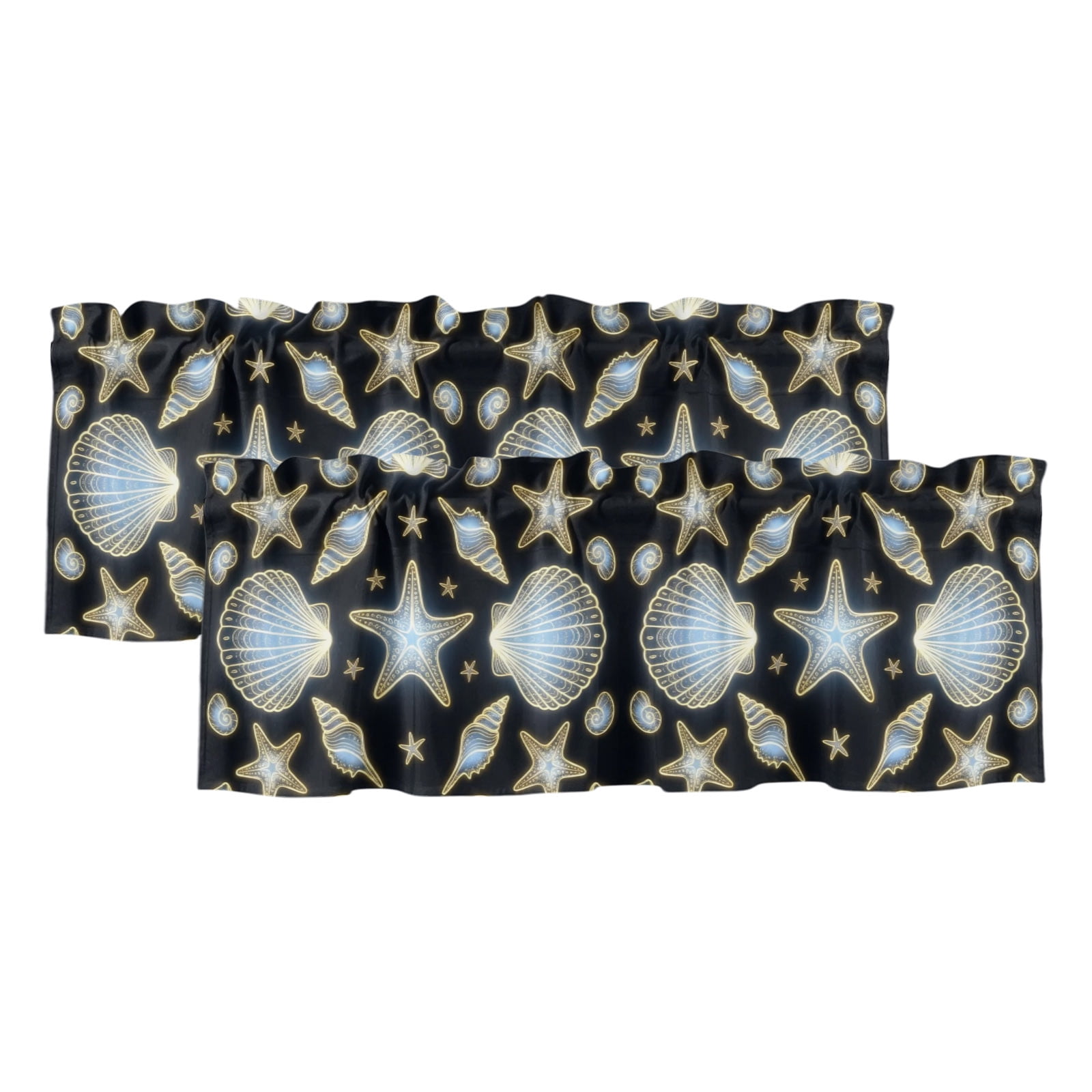Blue Neon Coastal 2 Panels Kitchen Valance, Seashell Starfish Summer ...