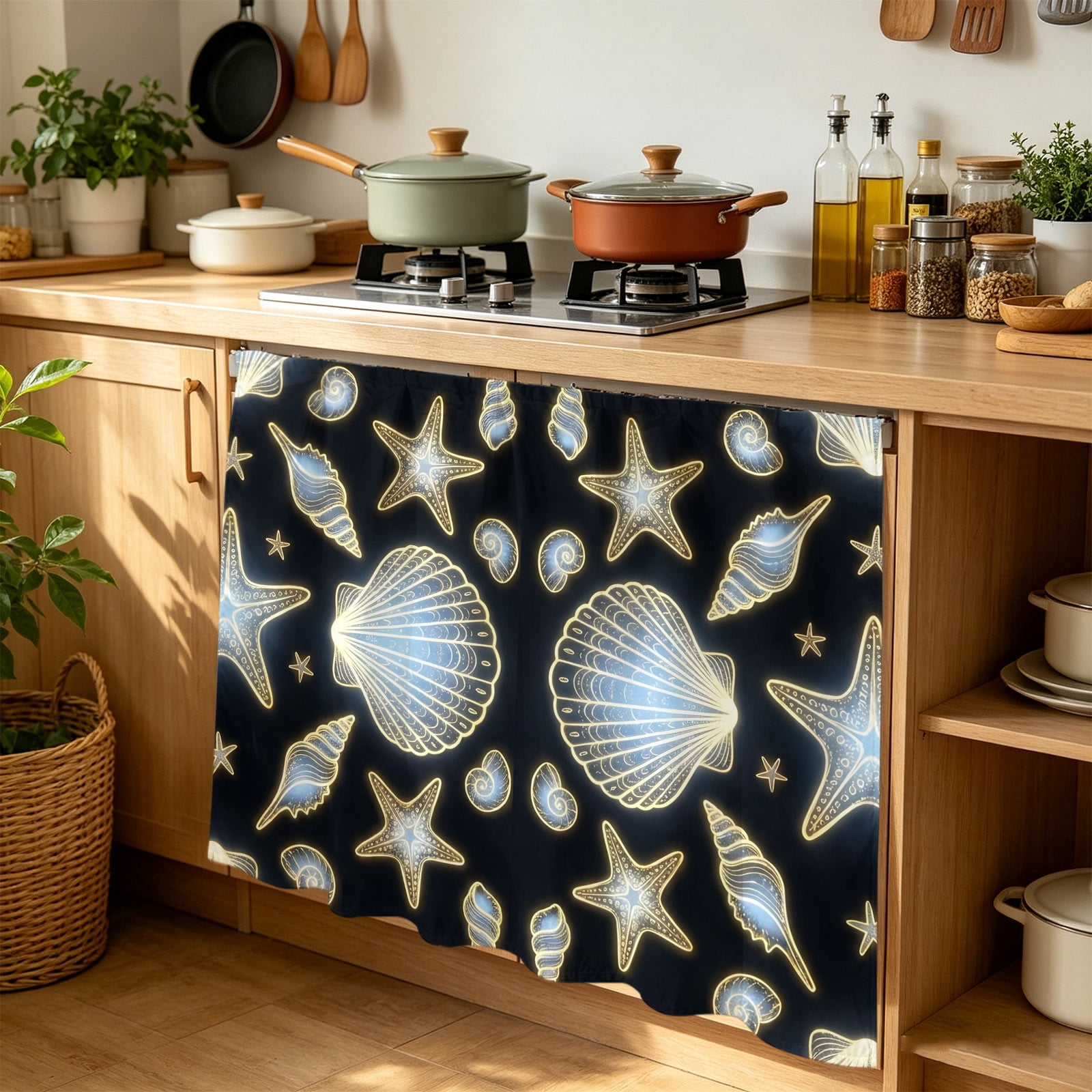 Blue Neon Coastal Cabinet Curtains 35" W x 35" L, Seashell Starfish ...