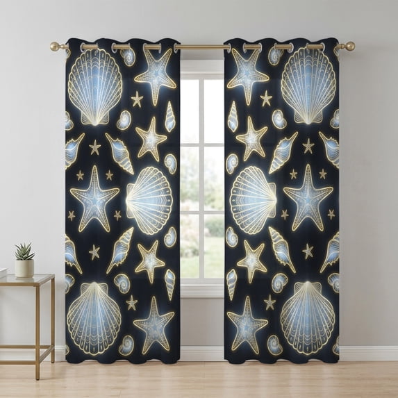 Blue Neon Coastal Sheer Curtains 96 Inch Long 2 Panels, Seashell ...