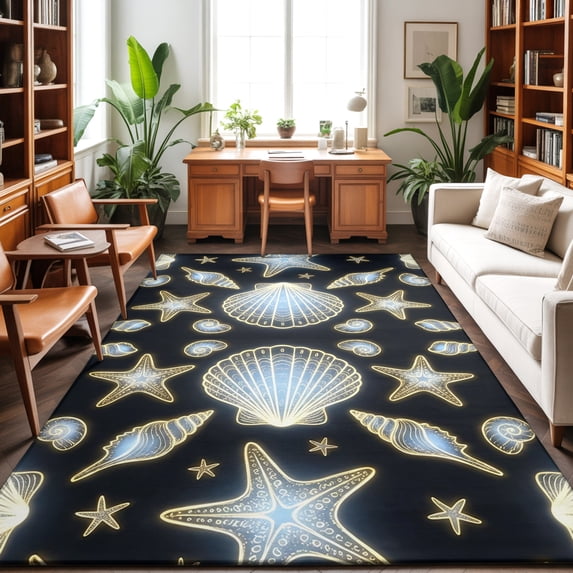 Blue Neon Coastal Washable Area Rug 4 x 6 ft Seashell Starfish Summer ...