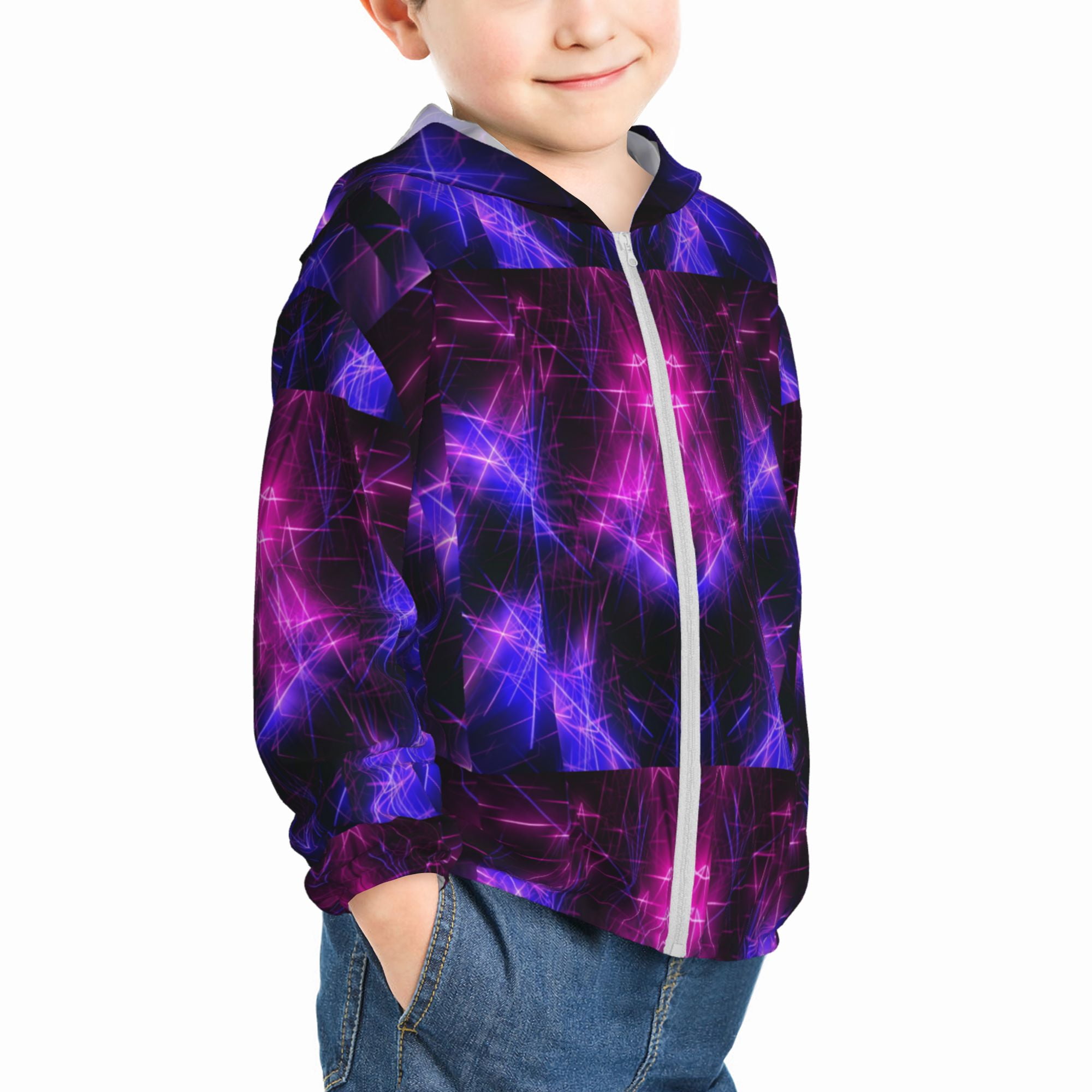 Blue Neon Light Wallpaper Kids Zip-Up Hoodie Girls Boys Sun Protection Jacket Hooded Cooling ...