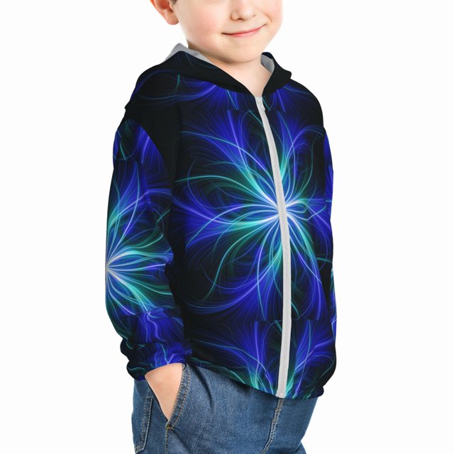 Blue Neon Light Wallpaper Kids Zip-Up Hoodie Girls Boys Sun Protection Jacket Hooded Cooling ...