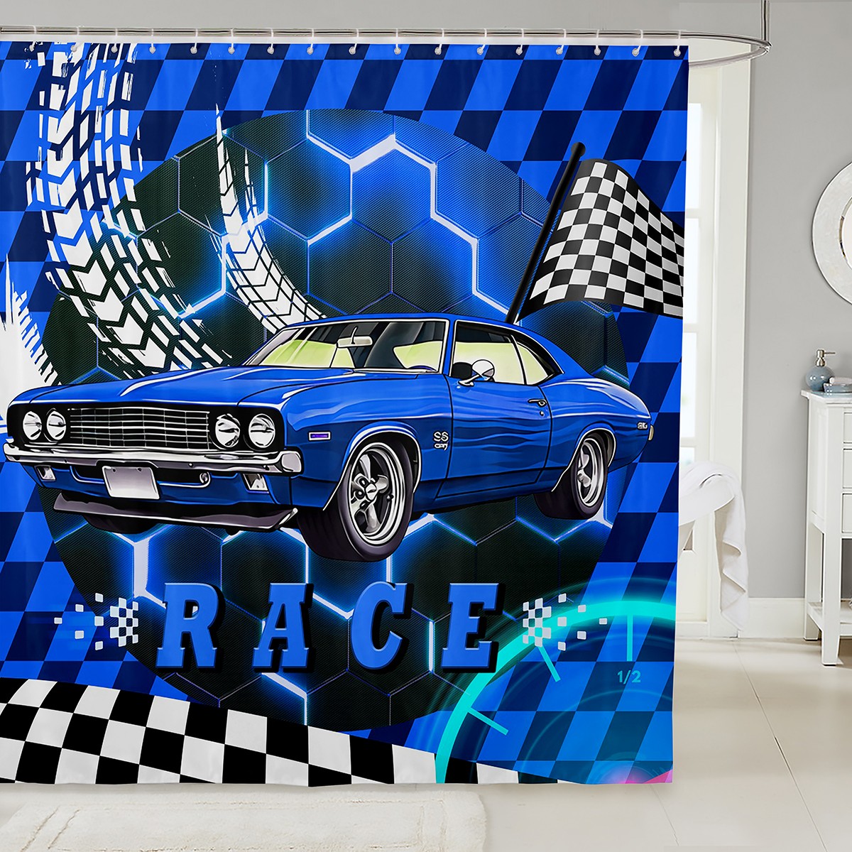 Blue Neon Lights Honeycomb Bathroom Accessories Race Car Cool Sports ...
