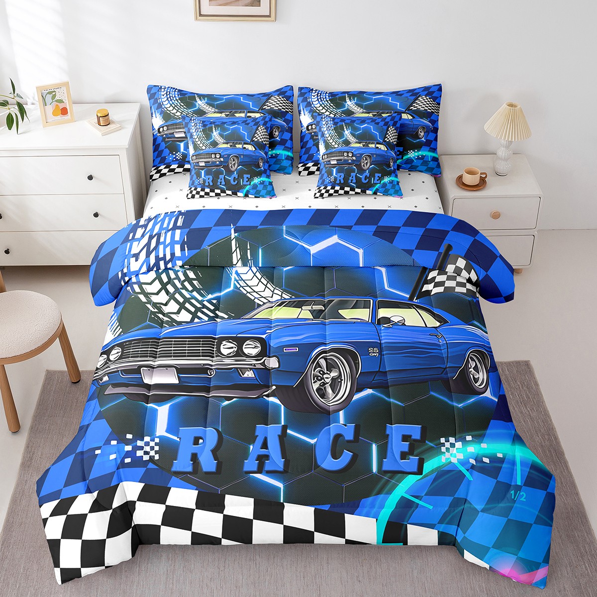 Blue Neon Lights Honeycomb Comforter Set 7 Piece Bed in a Bag Twin Cool ...
