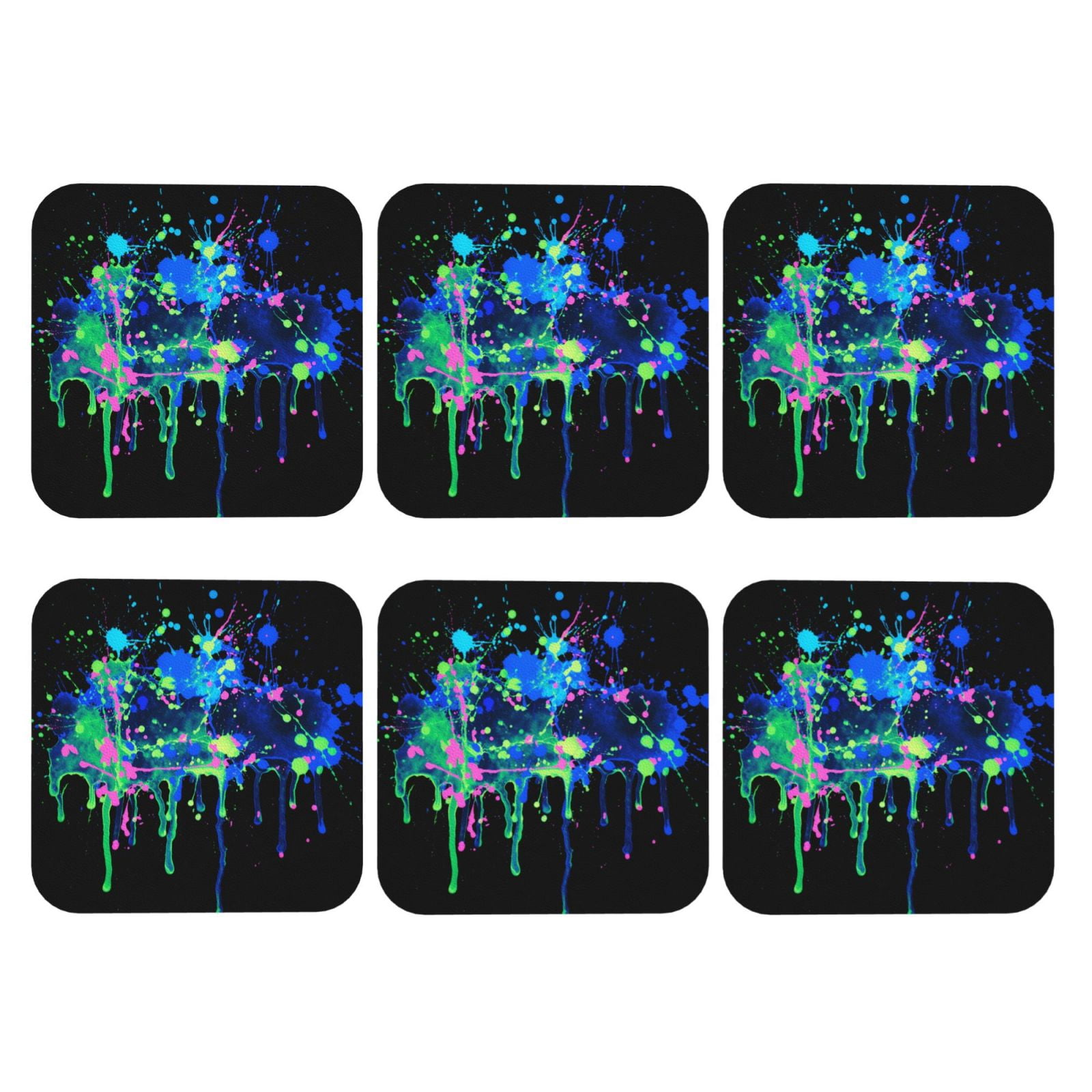 Blue Neon Paint Splatter Set of 6 Faux Leather 4 Inch Coasters Drinks ...