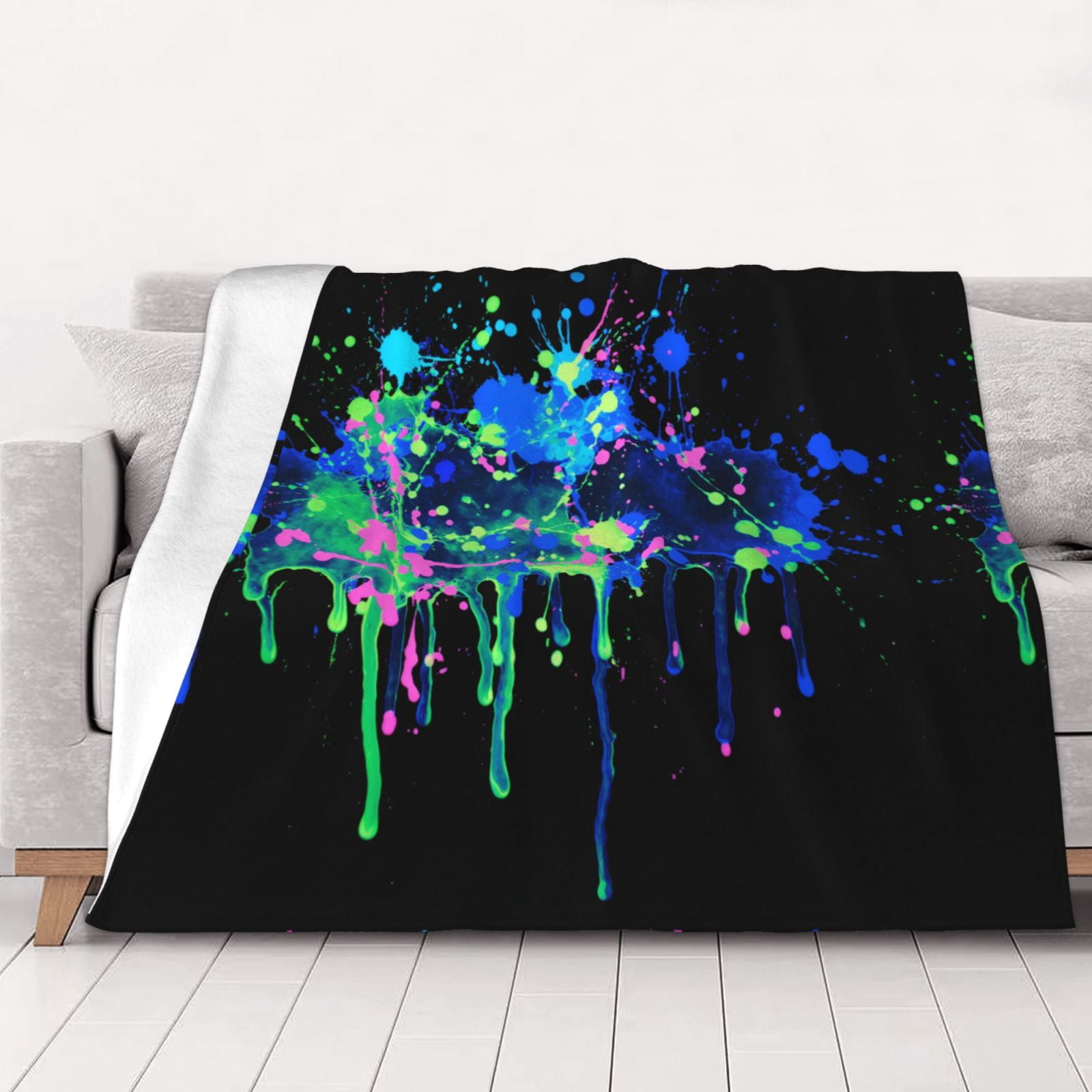 Blue Neon Paint Splatter Throws Blanket Fleece Soft Cozy Warm Plush for ...
