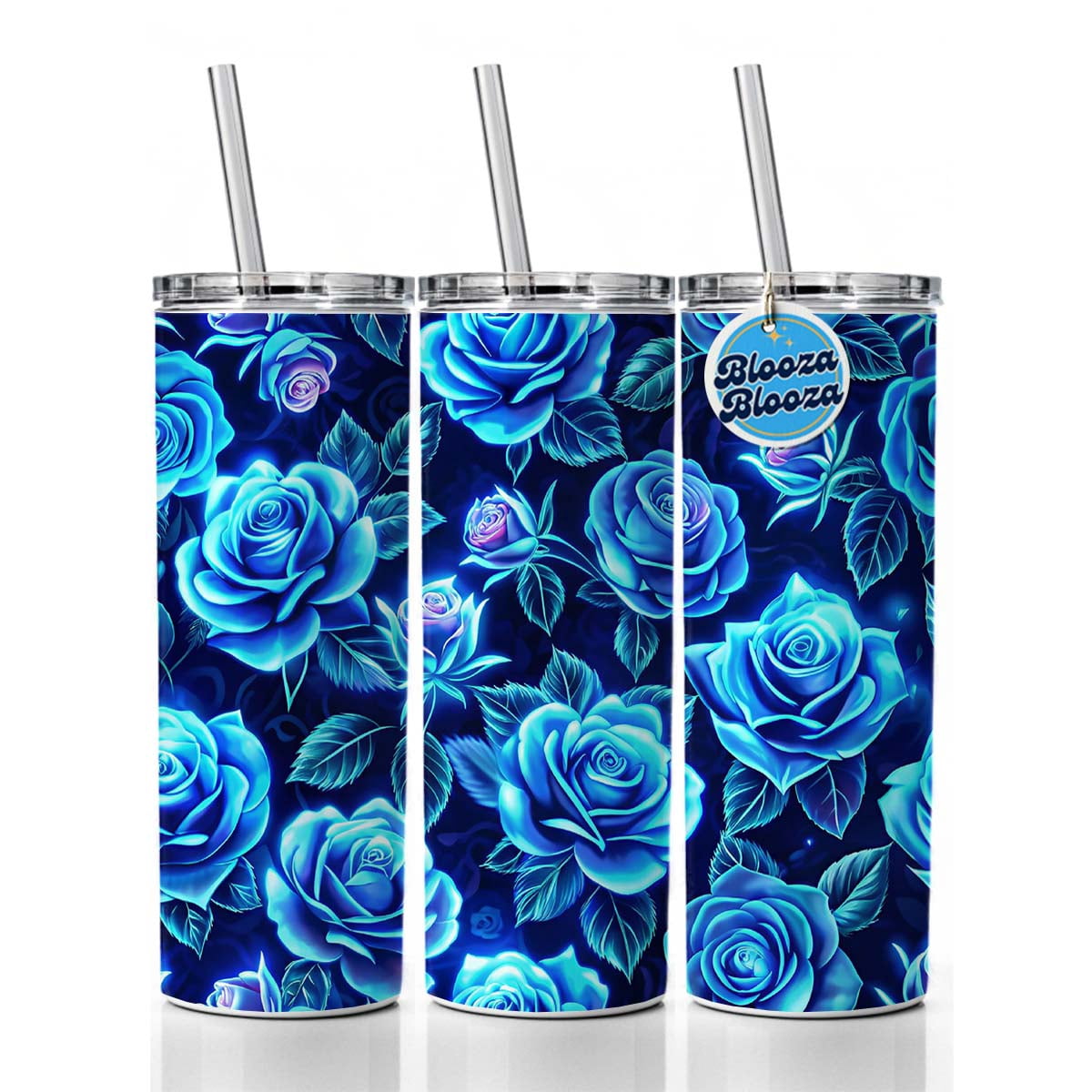 Blue Neon Rose Floral Pattern 20oz Insulated Water Bottle Skinny ...