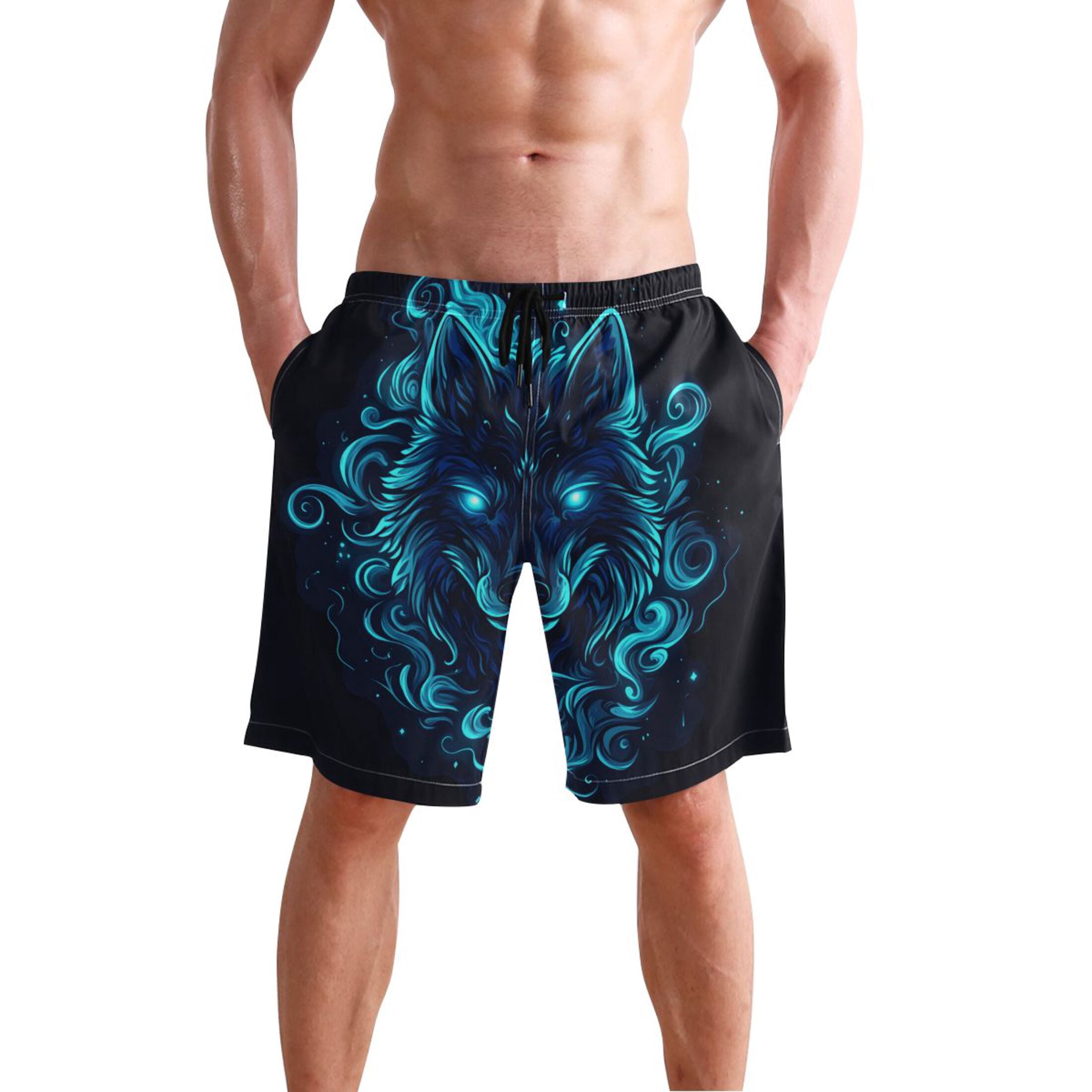 Blue Neon Wolf Face Men's Swim Trunks Beach Shorts Bathing Bottoms S ...