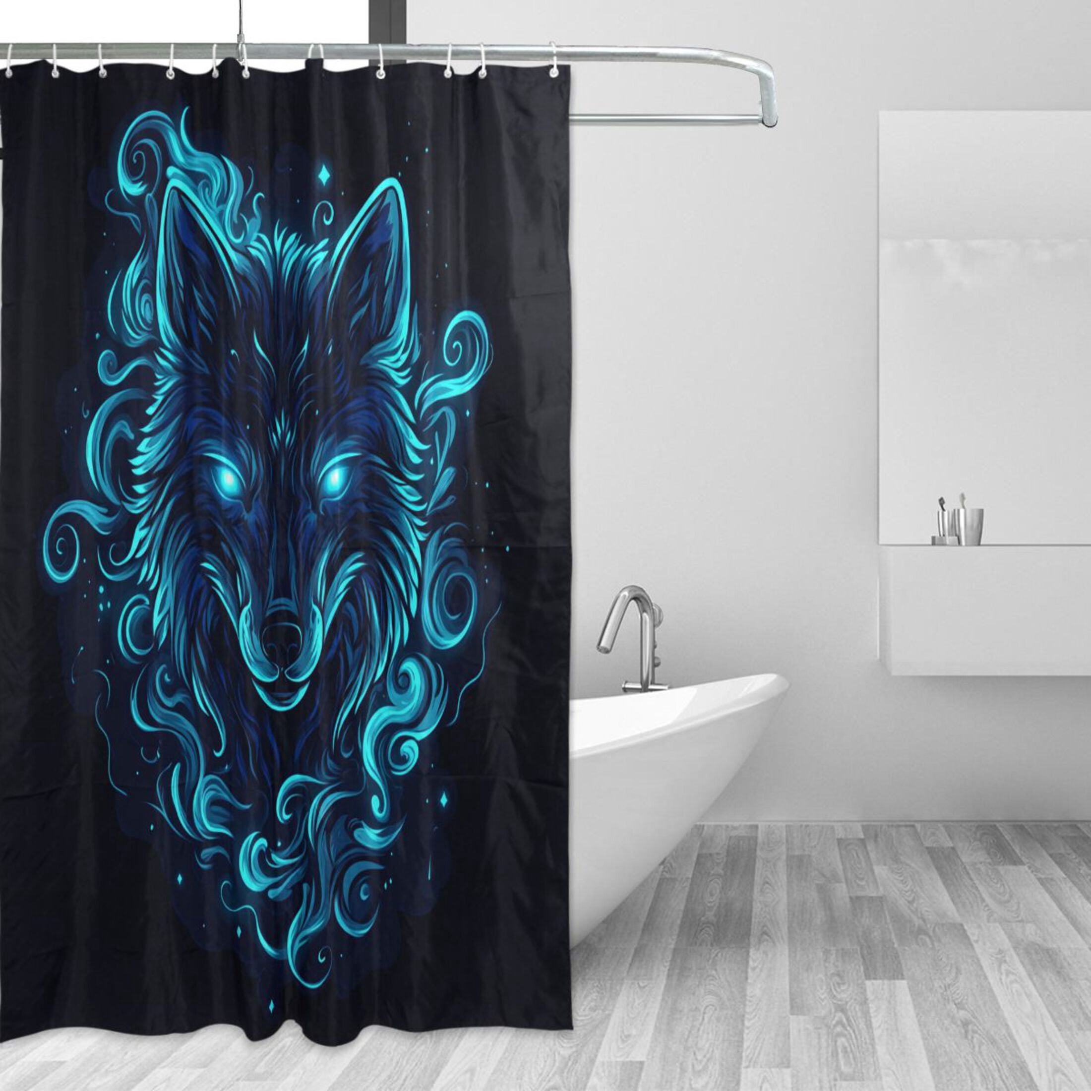 Blue Neon Wolf Face Shower Curtains with 12 Hooks Waterproof Bathroom ...
