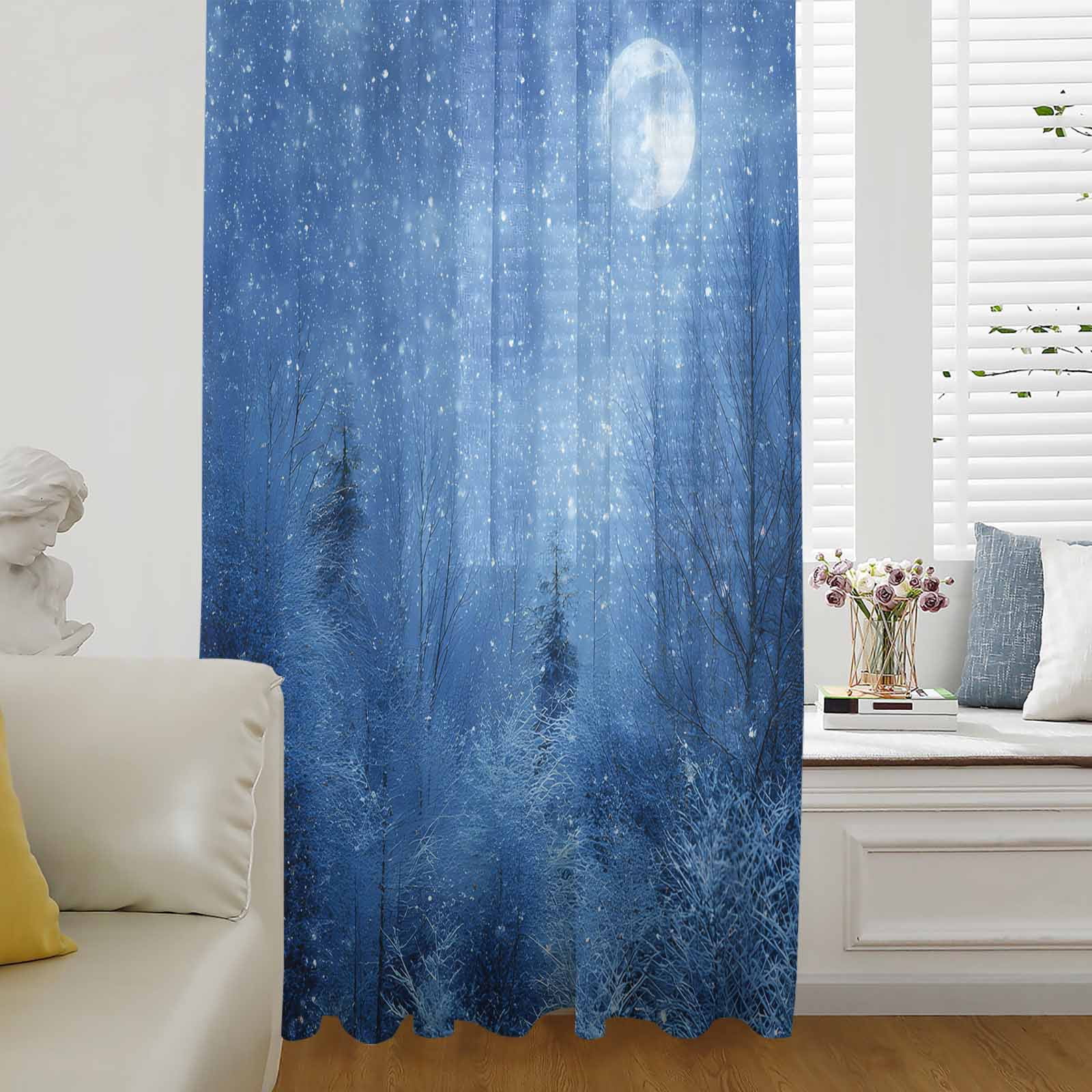 Blue Night Landscapes Semi Sheer Curtains Drapes for Living Room ...