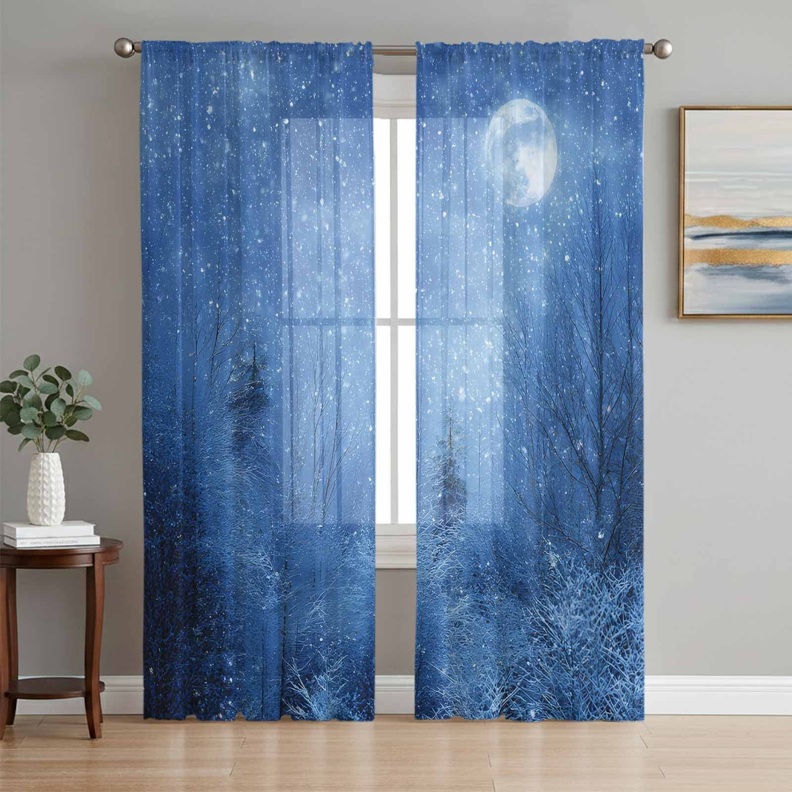 Blue Night Landscapes Sheer Curtains 72 Inch Length 2 Panels Set ...