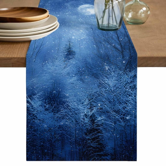Blue Night Landscapes Table Runner 72 Inches, Christmas Winter Snowfall ...