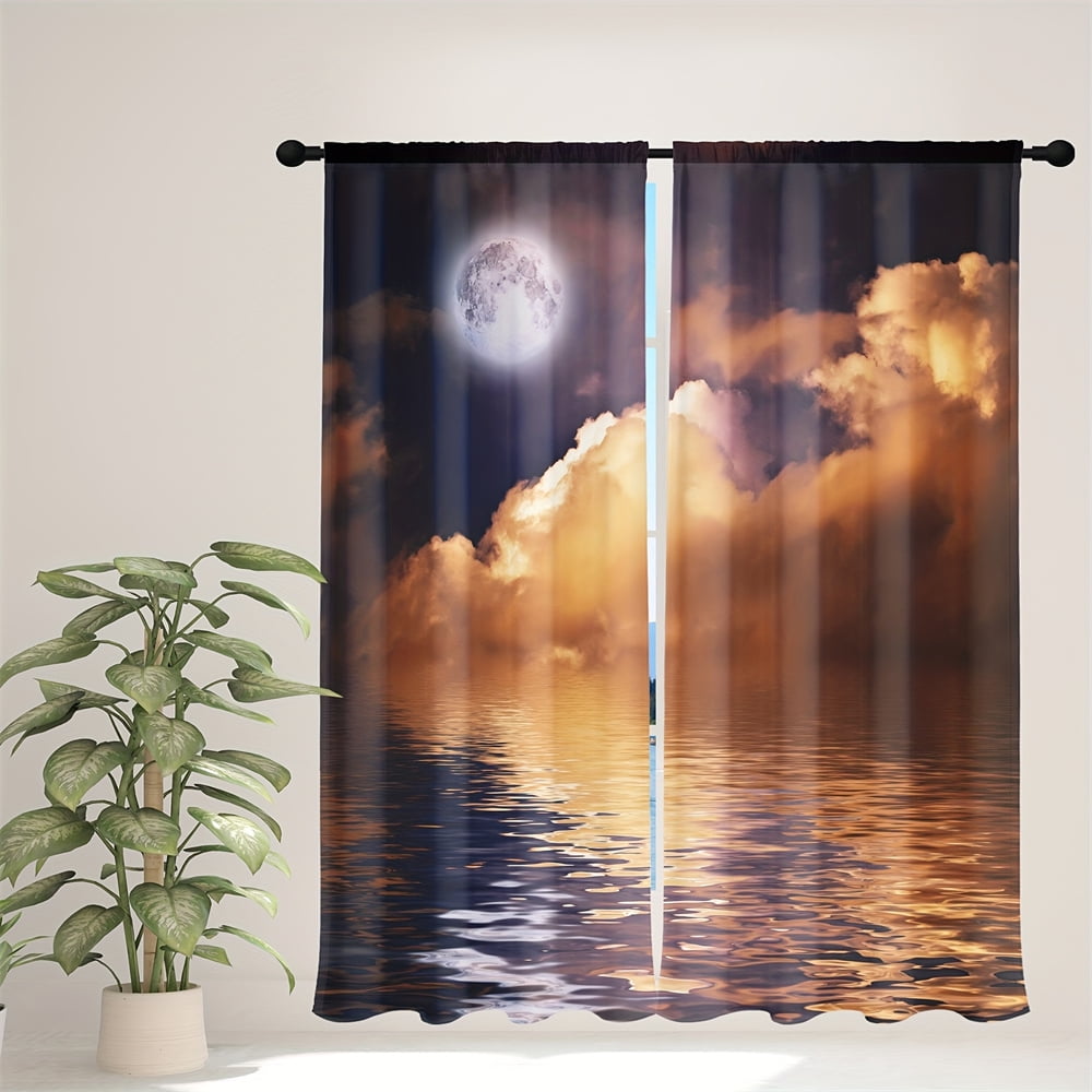 Blue Night Moon Cloud Galaxy Shine Stars Starry Window Curtain For ...