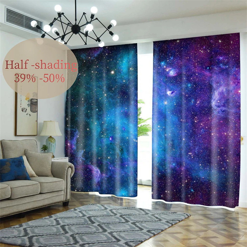 Blue Night Moon Cloud Galaxy Shine Stars Starry Window Curtain For ...