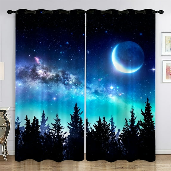 Blue Night Moon Cloud Galaxy Shine Stars Starry Window Curtain For ...