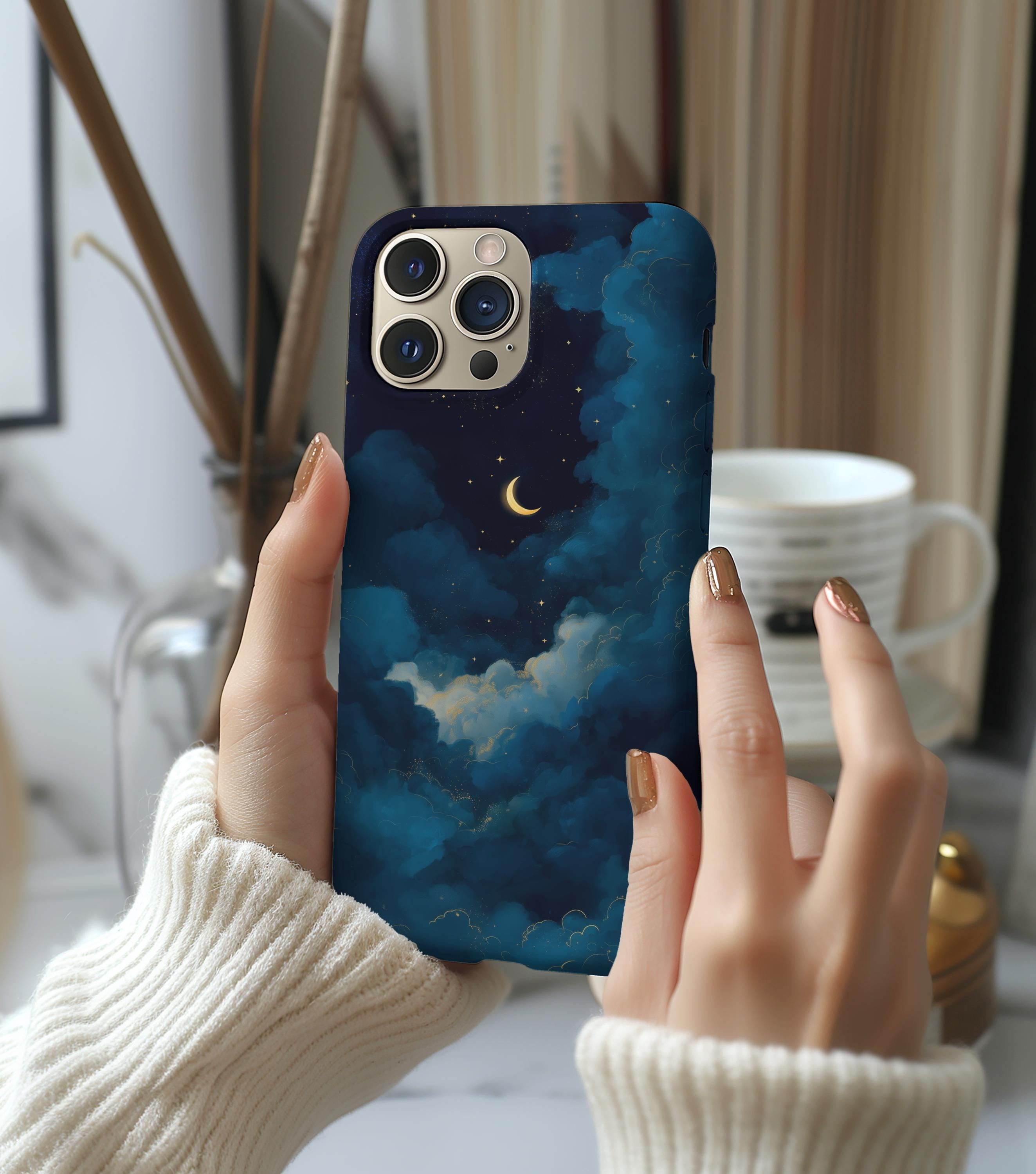 Blue Night Moon Phone Case Dark Clouds Stars iPhone 17 16 15 14 13 12 ...