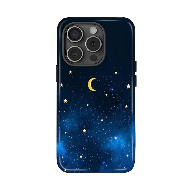 Blue Night Moon iPhone Case, Dark Clouds with Stars Protective Cover ...