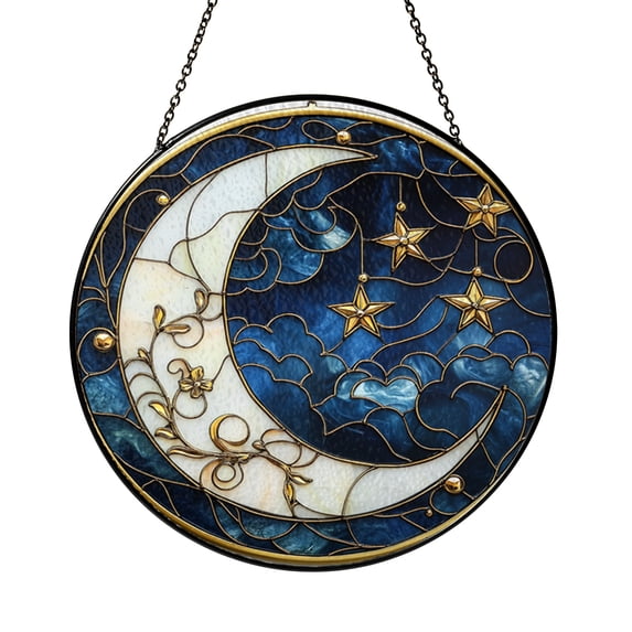 Blue Night Sky Moon Stars Stained Glass Suncatcher, Decorative Window ...