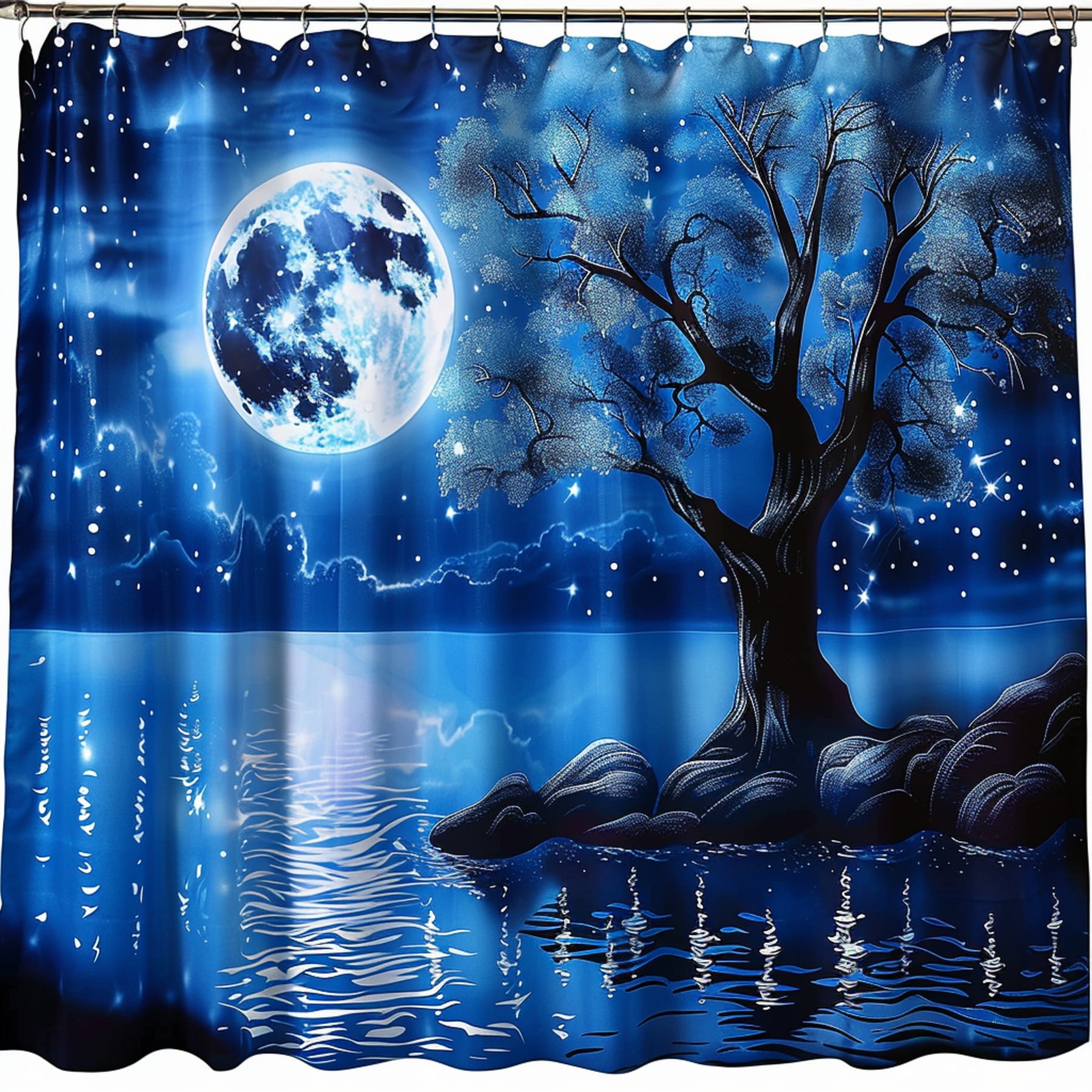 Blue Night Sky Moon Water Tree Fantasy Design Shower Curtain Hyper ...