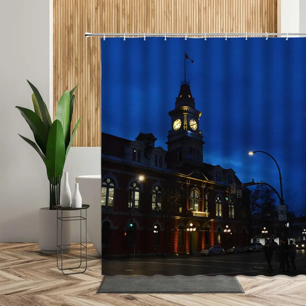 Blue Night View Shower Curtain Sets Modern City Building Scenery