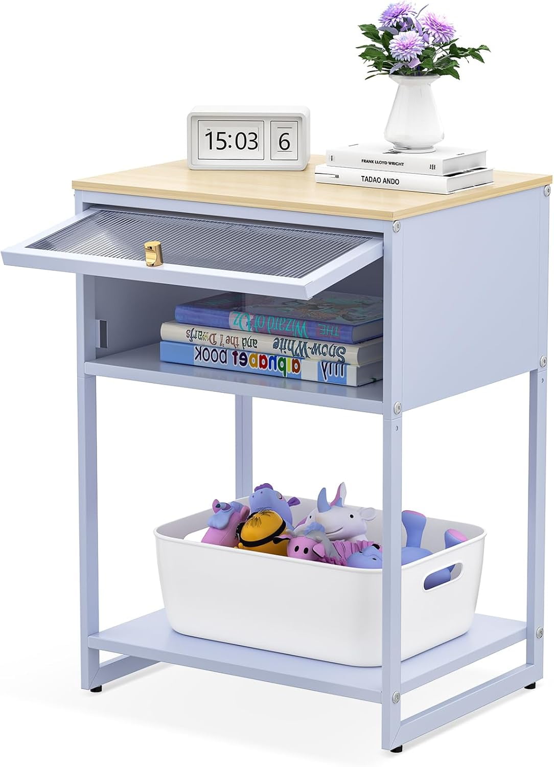 Blue Nightstand, End Table with Cute Storage Drawer for Bedroom ...